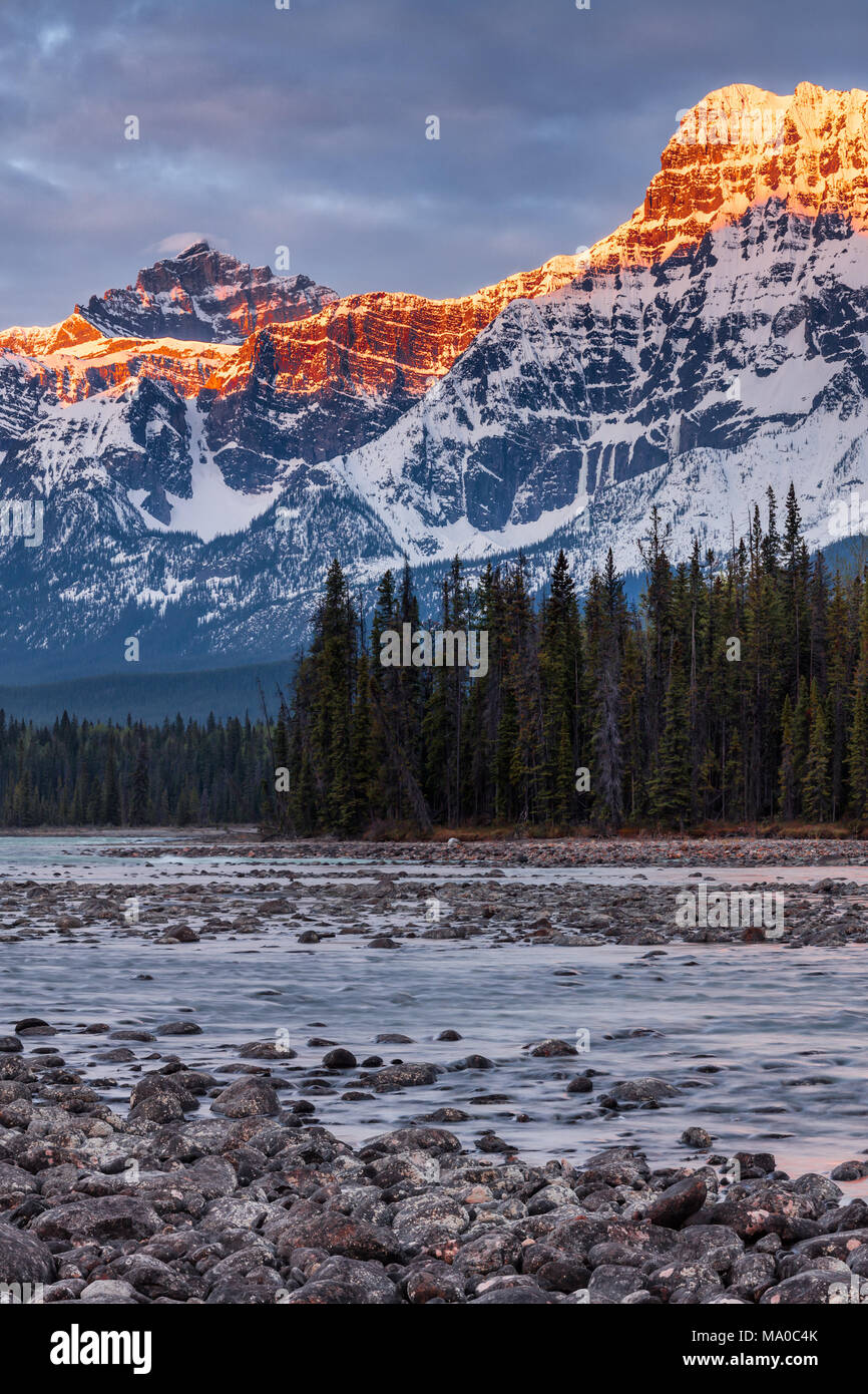 Mount Fryatt and Whirlpool Peak with the Athabasca River at sunrise ...