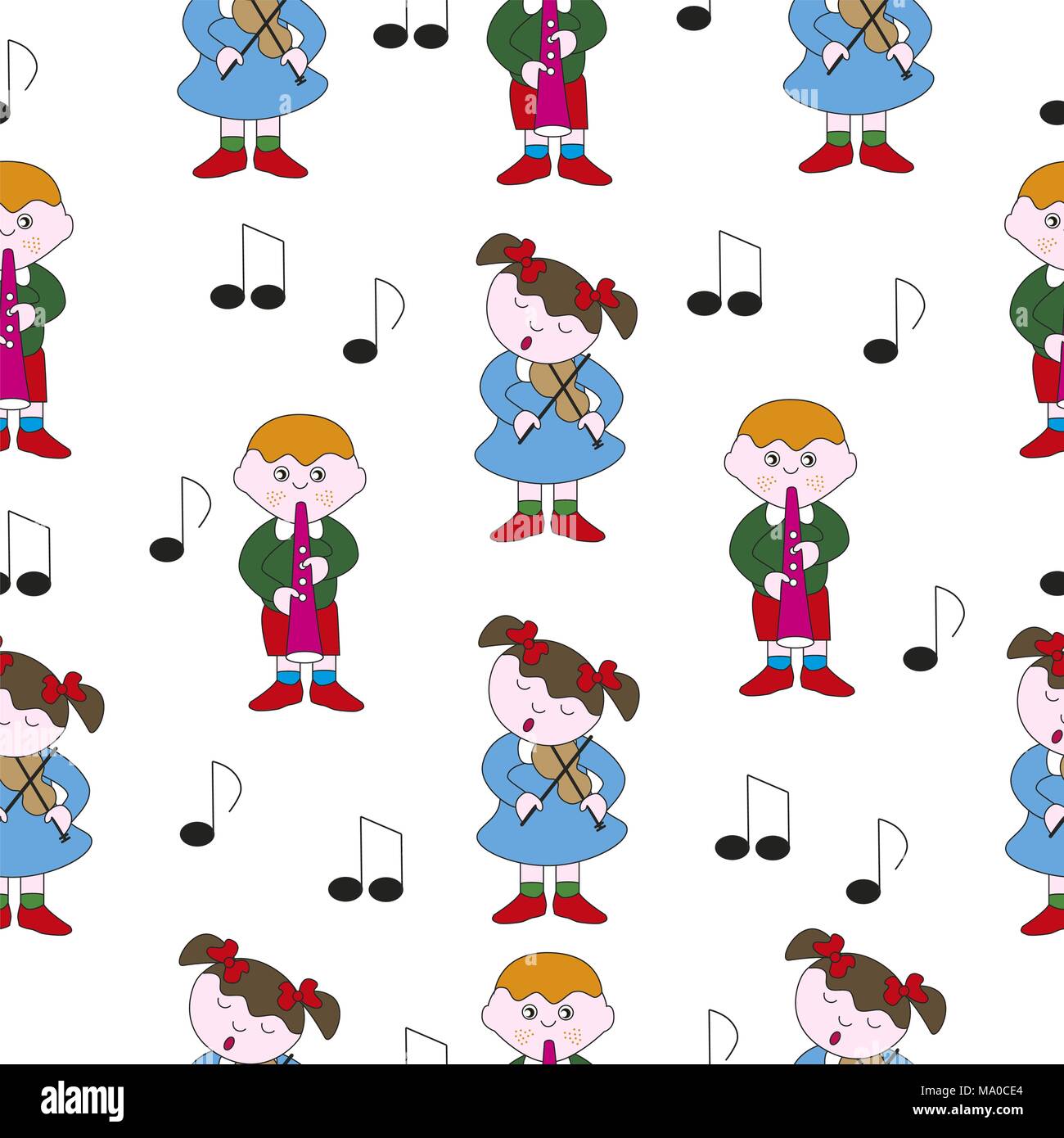 Boy and girl play melody on musical instruments. Vector seamless ...