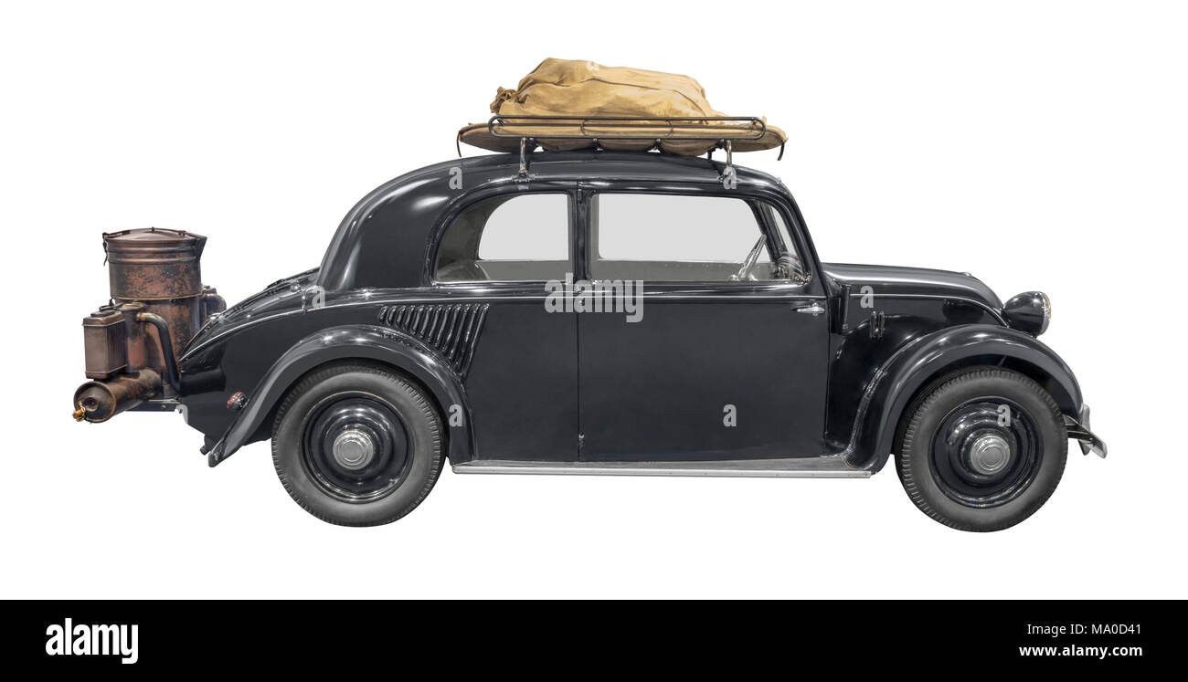 old historic wood gas vehicle isolated in white back Stock Photo - Alamy