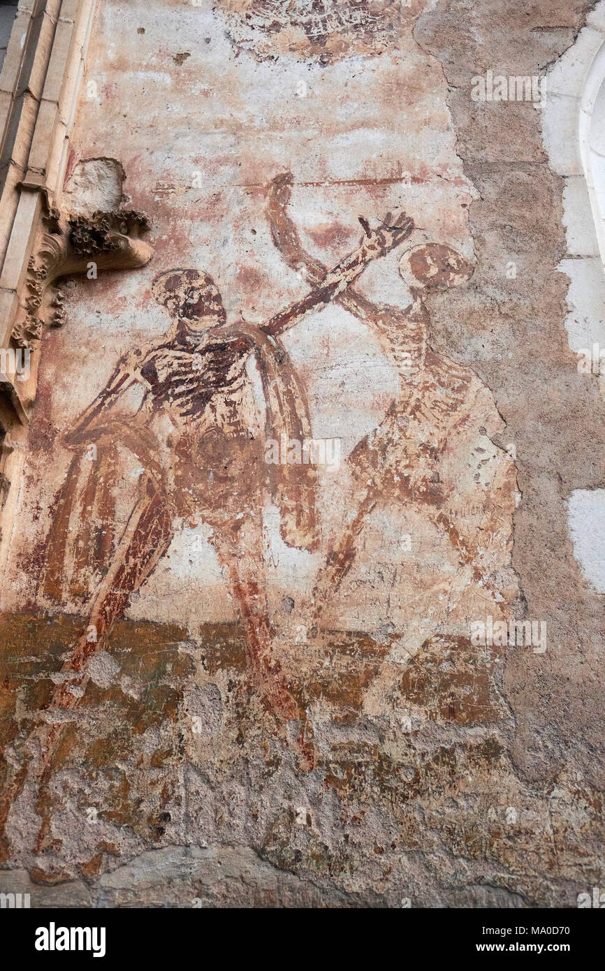 A 13th century a fresco skeleton dance on the outside wall of the ...