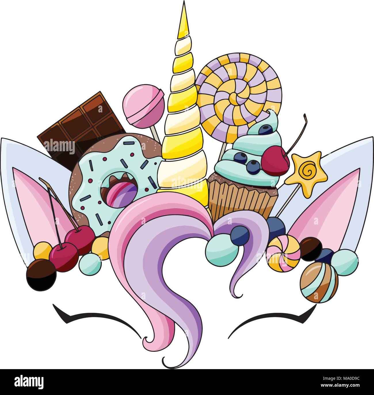 Unicorn cute vector illustration. Head with candy and cupcake. Card and ...