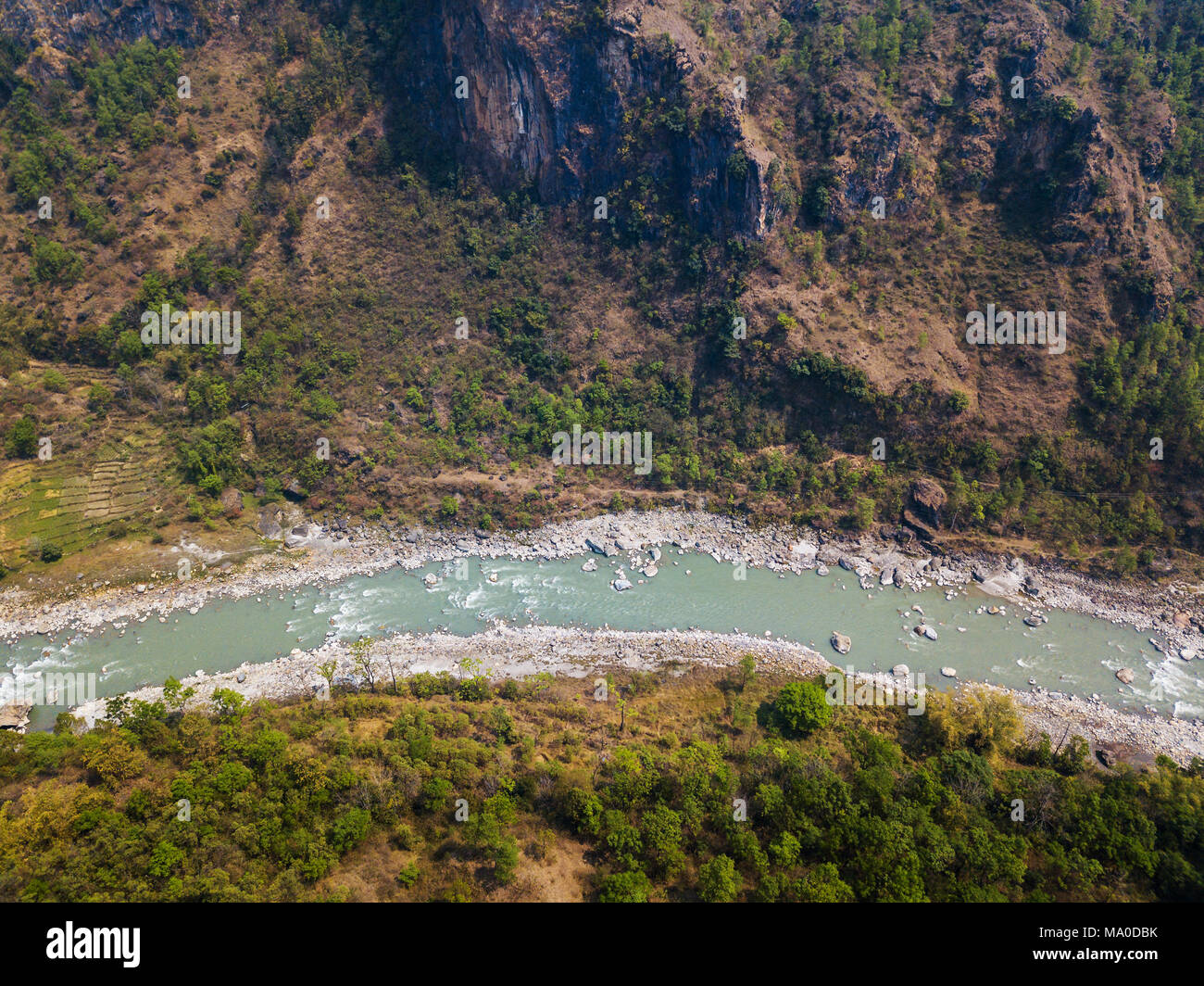 Aerial view of the Kali Gandaki river and its deep gorge near Kusma in ...