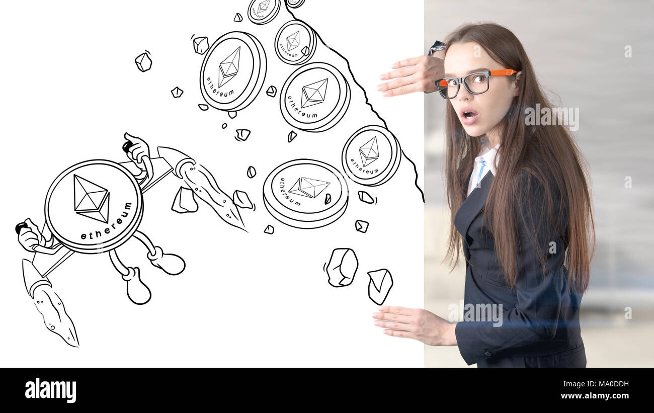 Ethereum sketch with young businesswoman in a suit with longhair and ...