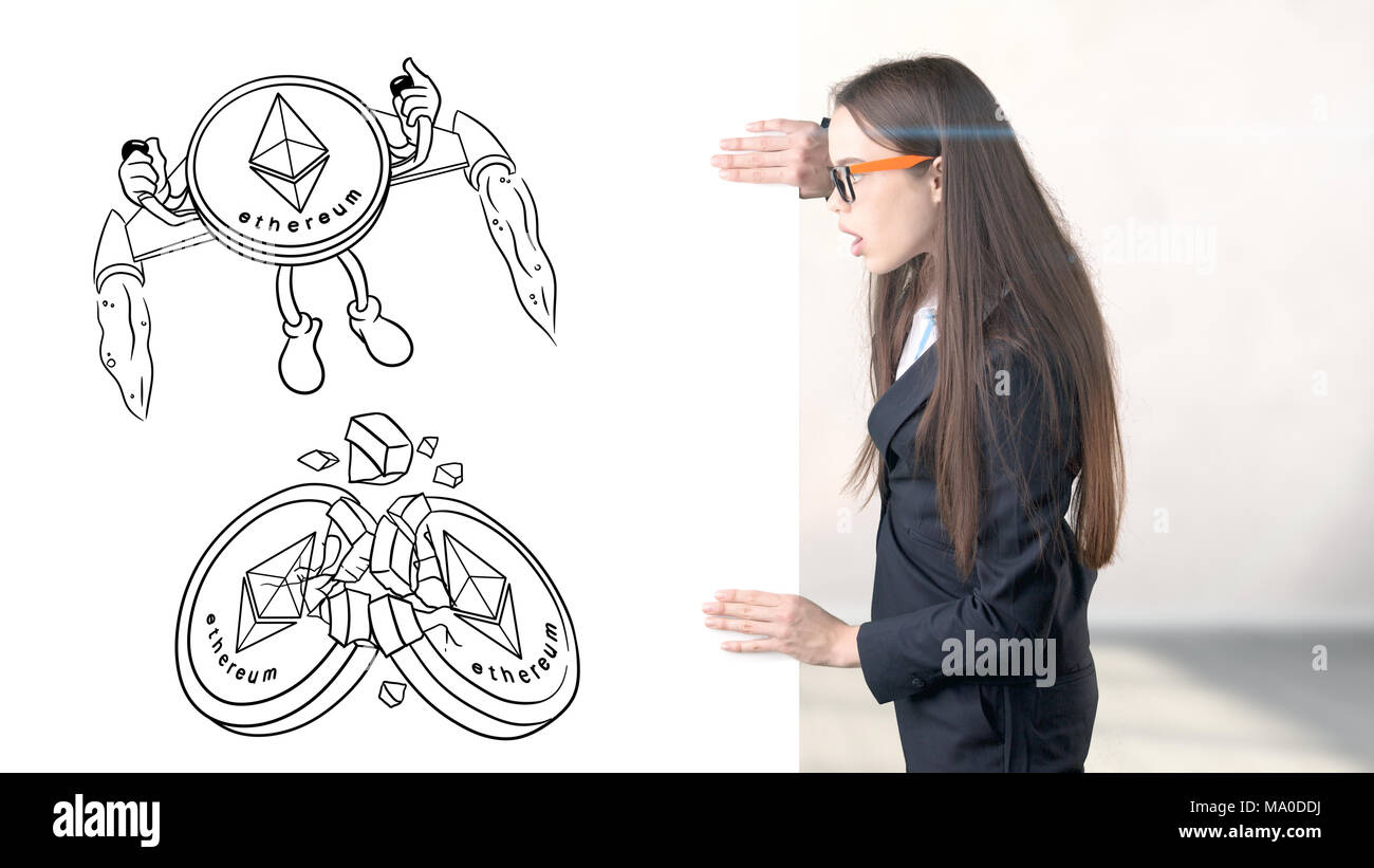 Ethereum sketch with young businesswoman in a suit with longhair and ...