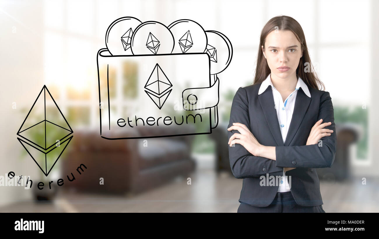 Ethereum sketch with young businesswoman in a suit with longhair and ...