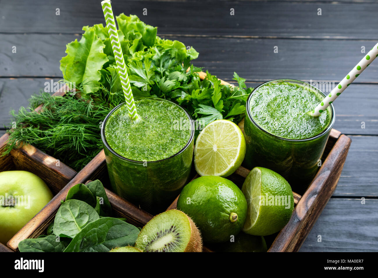Healthy green smoothie with ingredients fruits and vegetables Stock ...