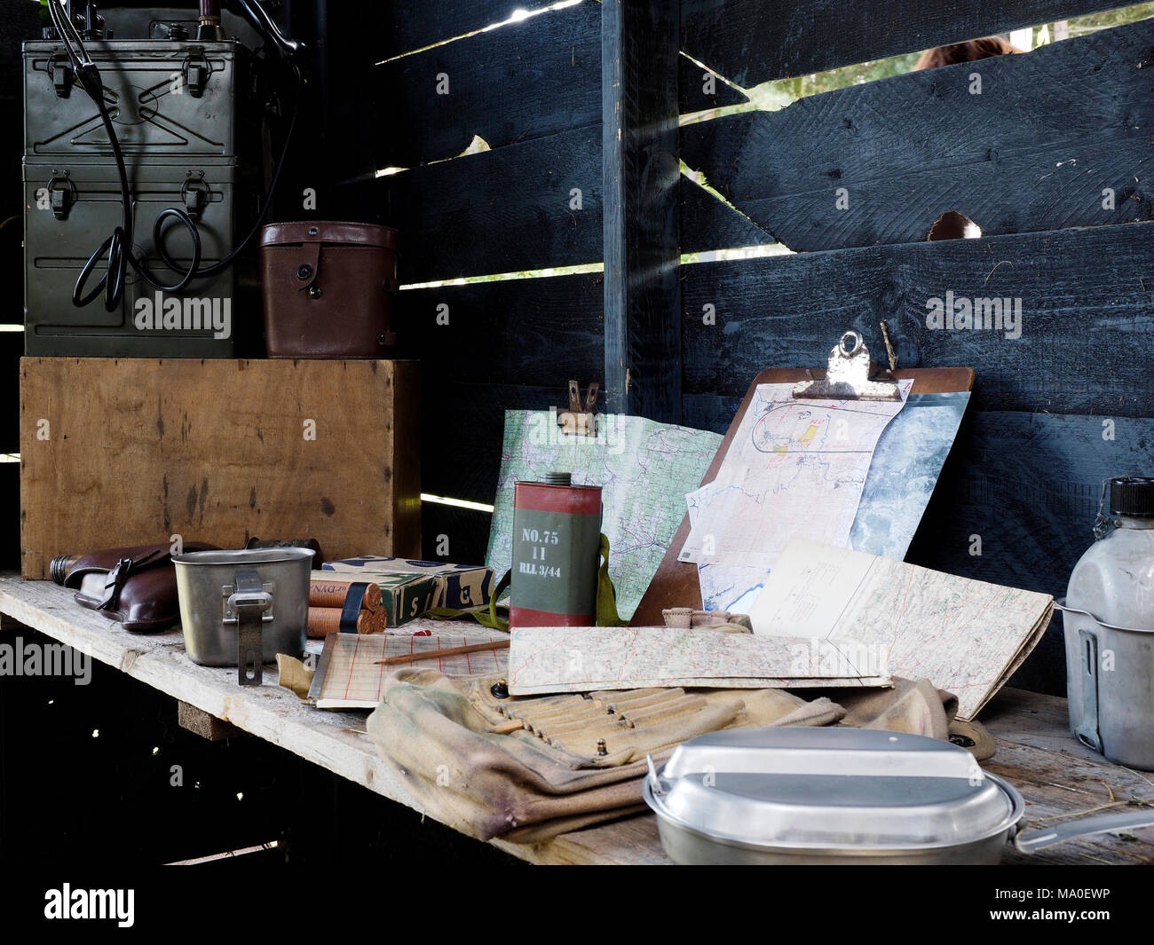 A US Army field command post mock-up set up by reenactors during a 1940 ...