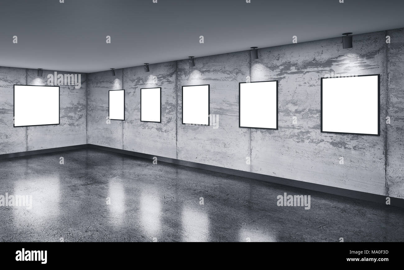 Modern concrete gallery room with directional spotlight and frames ...