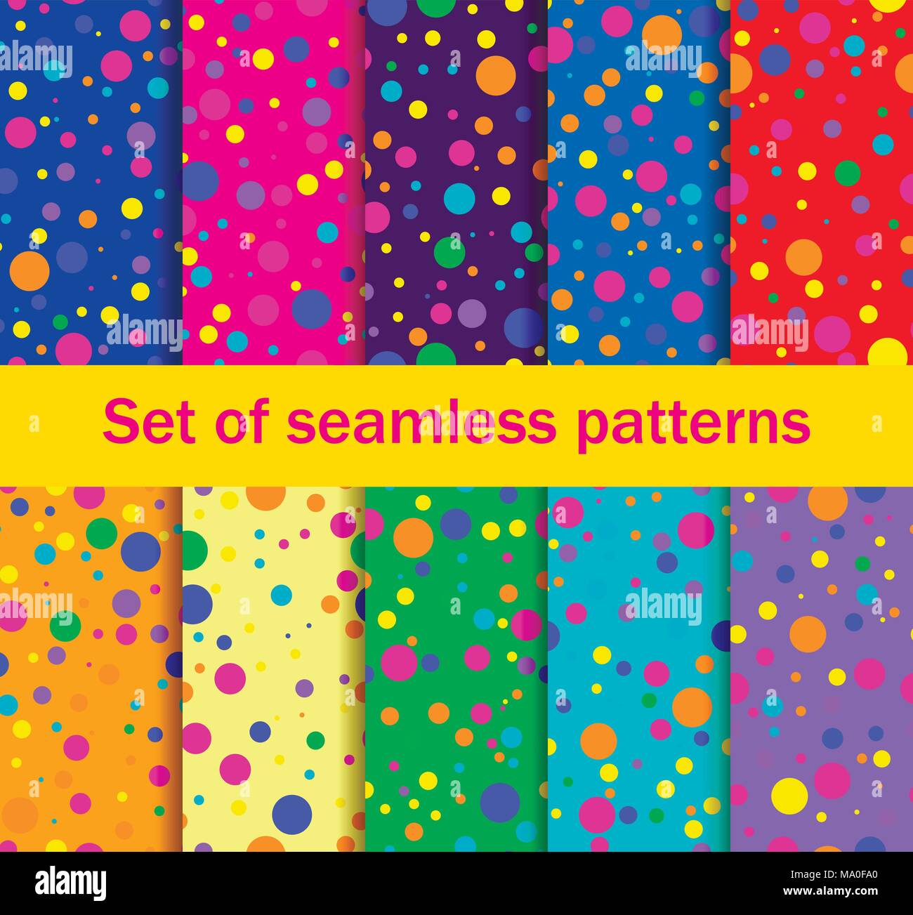 Seamless patterns with colored circles are randomly scattered. Bright ...