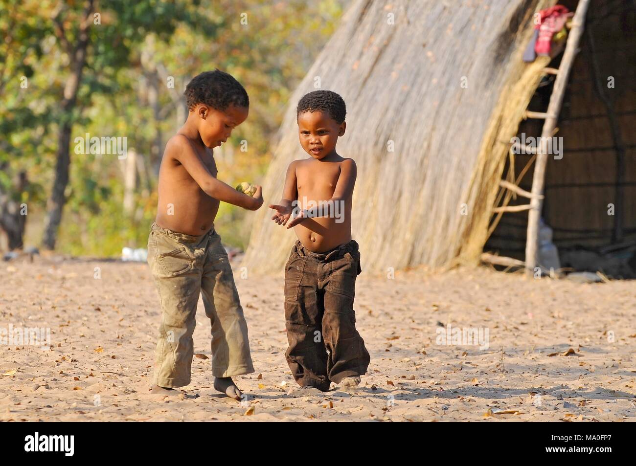 San children (Buschan children) the Kalahari desert in Ghanzi, Botswana ...