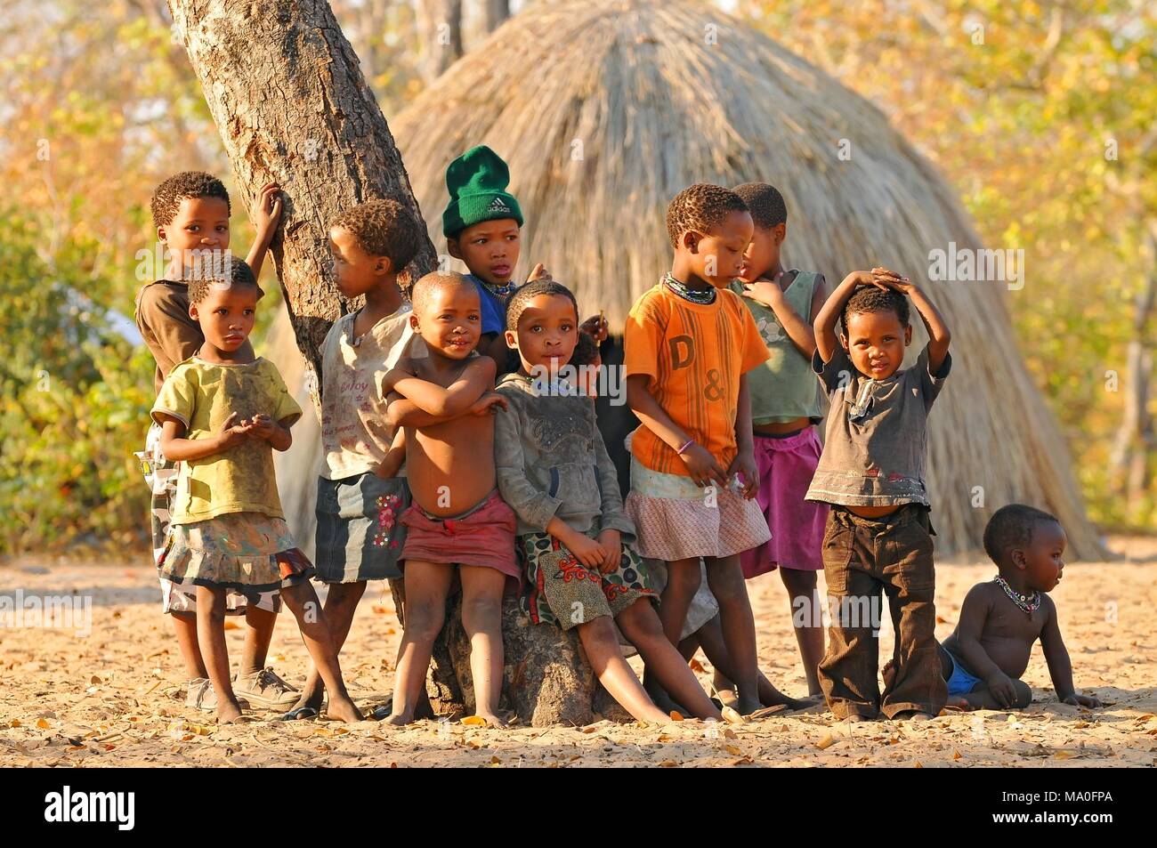 San children (Buschan children) the Kalahari desert in Ghanzi, Botswana ...