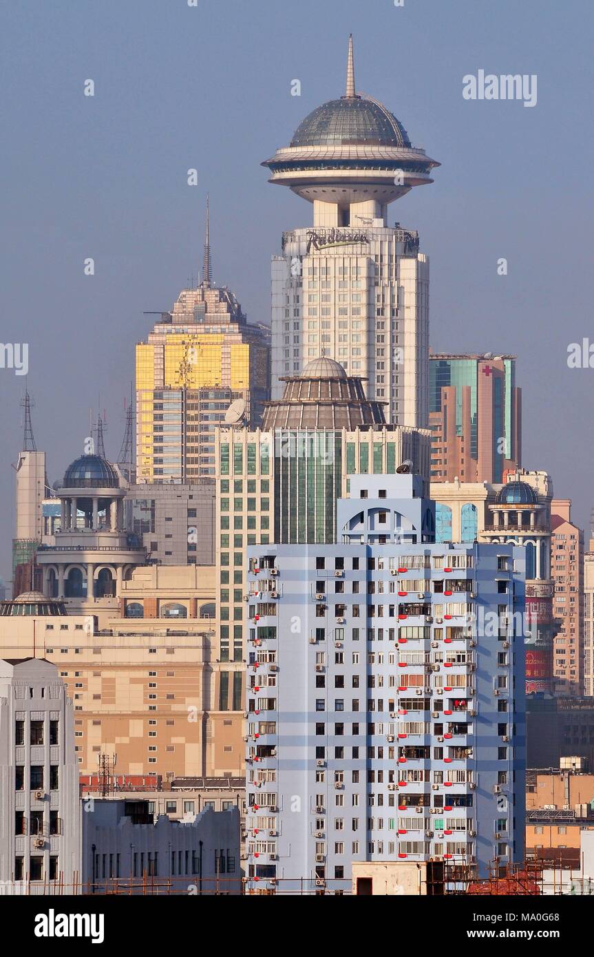 Crowded Shanghai Skyline, a closeup view of crowded modern office and ...