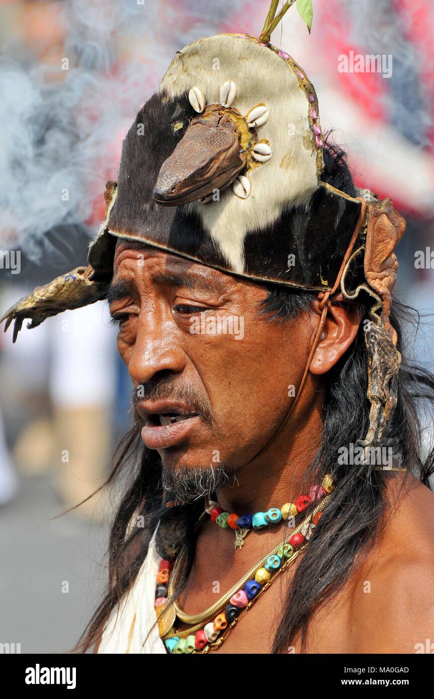 Portrait of the traditional Aztec shaman in the capital city of Mexico ...