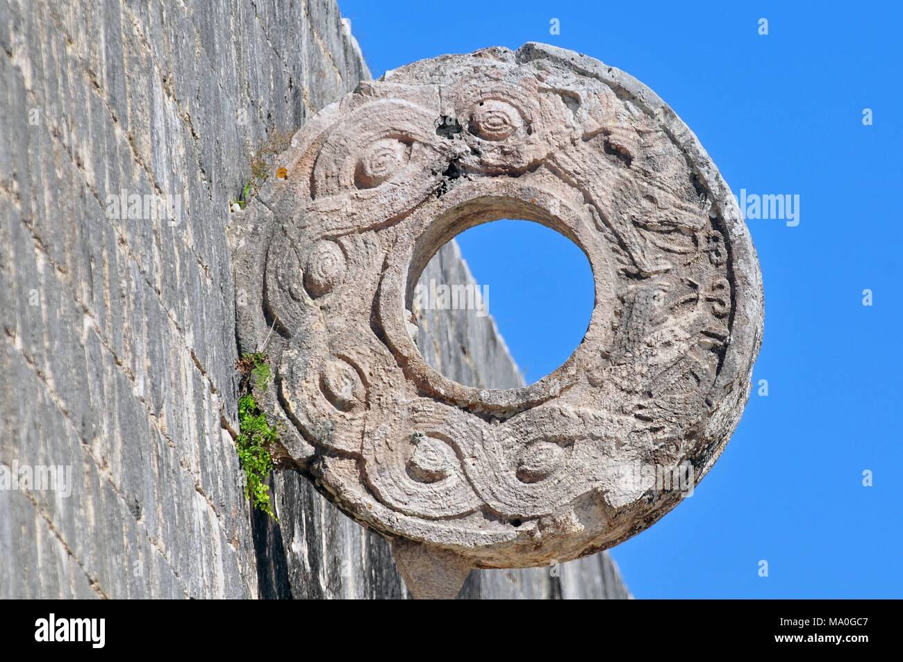 Stone ring at the great ball game court in the Chichen Itza, Mexico ...