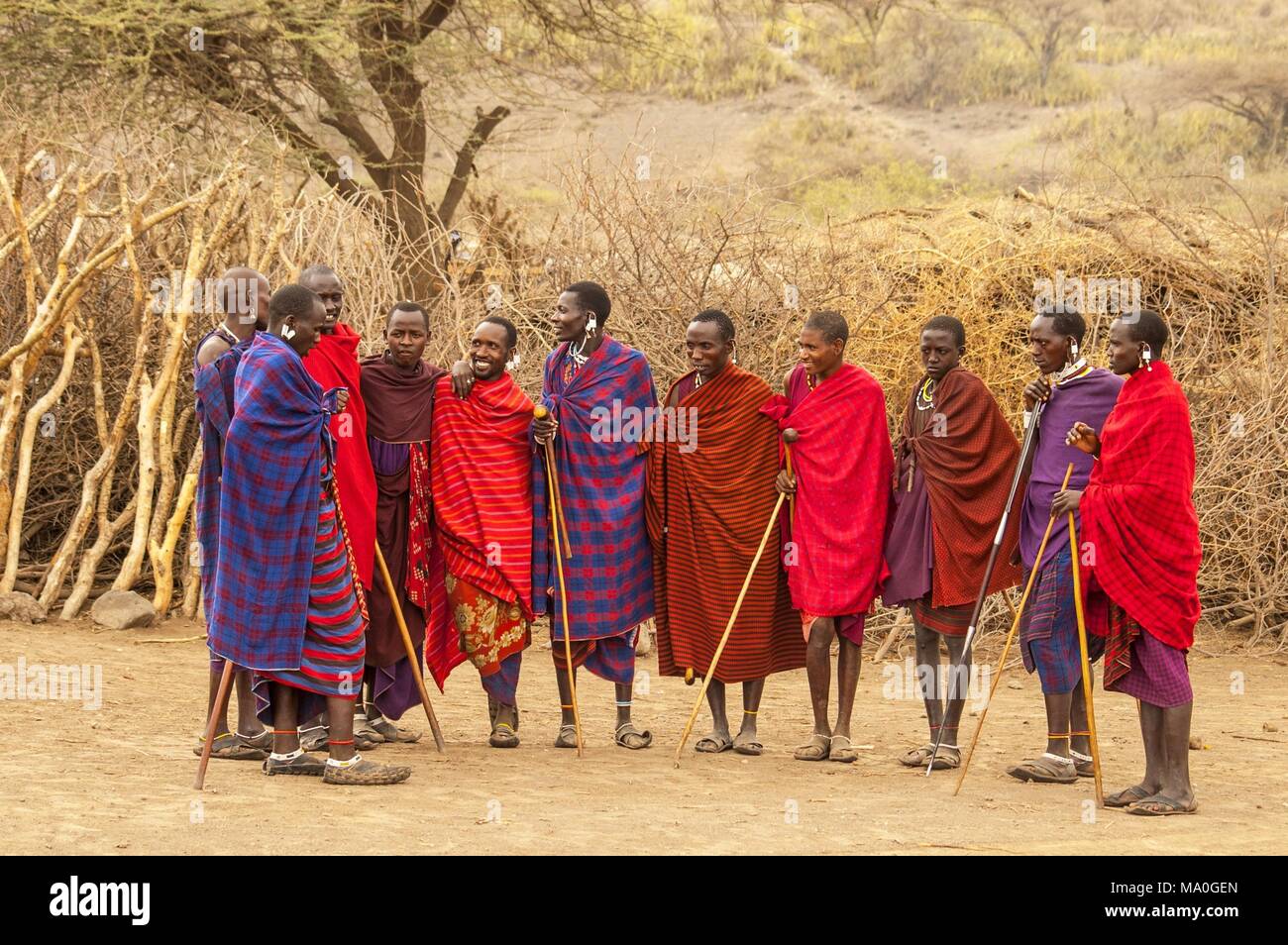 Massai group with traditional clothing in Masai Mara, Kenya Stock Photo ...