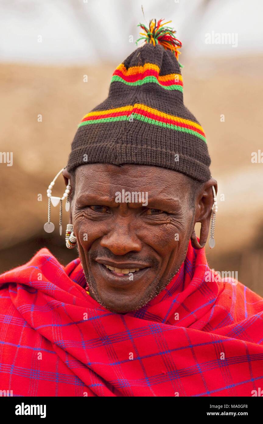 Portrait of a Maasai man wearing traditional dress, portrait, Massai ...