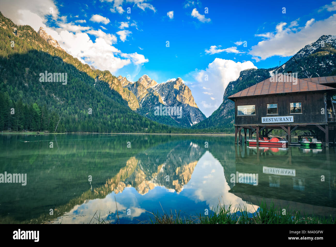 Lago di Dobbiaco alias Toblacher See in Dolomite Alps, South Tirol ...