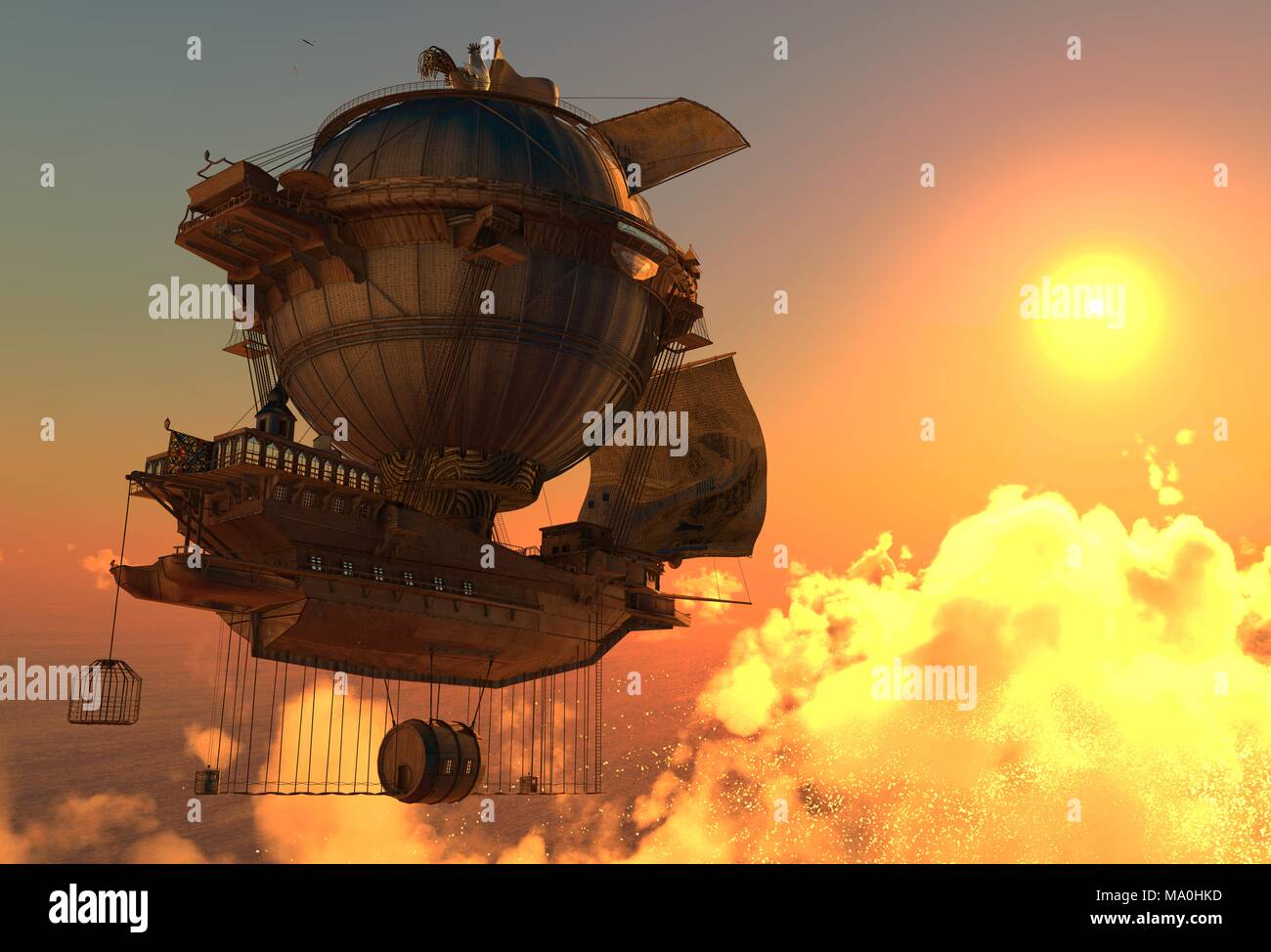 3D illustration Fantasy airship Zeppelin Dirigible balloon Stock Photo ...