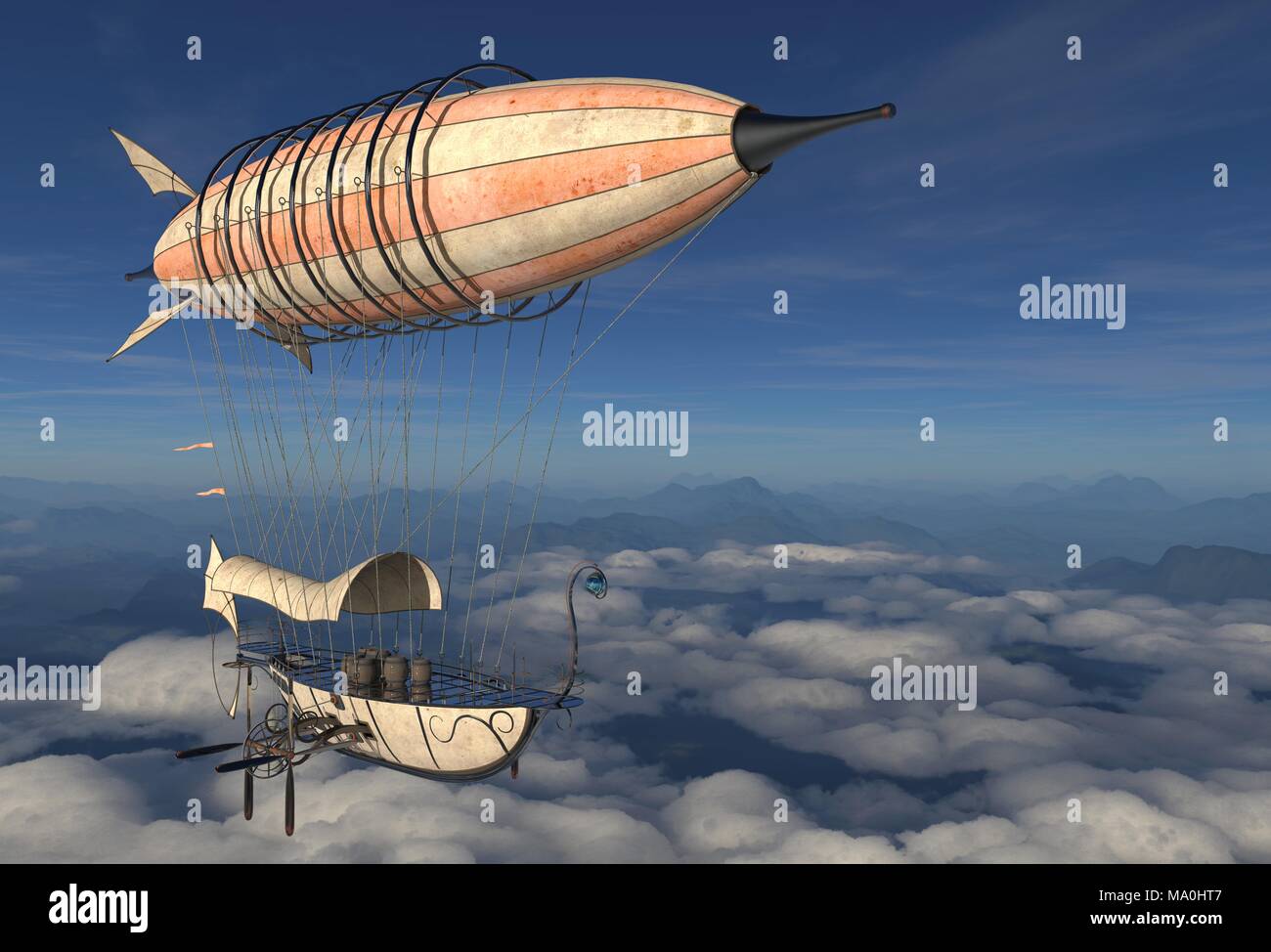 3D illustration Fantasy airship Zeppelin Dirigible balloon Stock Photo ...