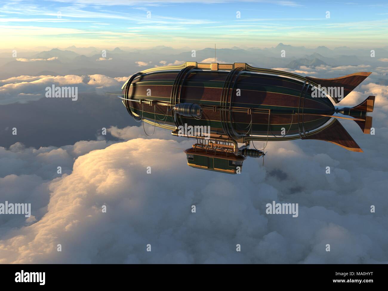 3D illustration Fantasy airship Zeppelin Dirigible balloon Stock Photo ...