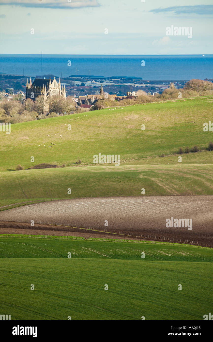 Early spring on the South Downs, West Sussex, England. Lancing College ...