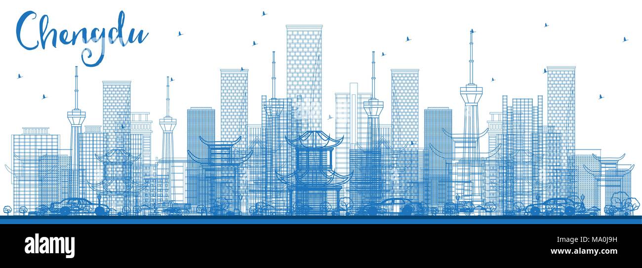 Outline Chengdu China City Skyline with Blue Buildings. Vector ...