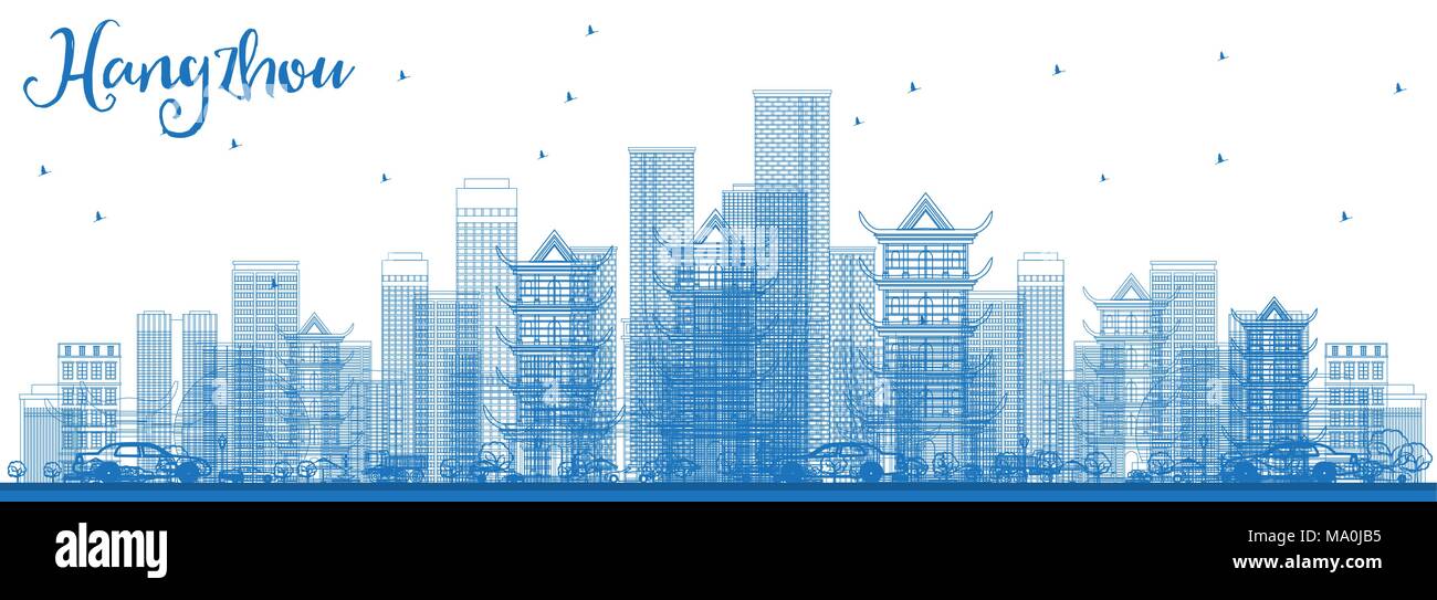Outline Hangzhou China City Skyline with Blue Buildings. Vector ...