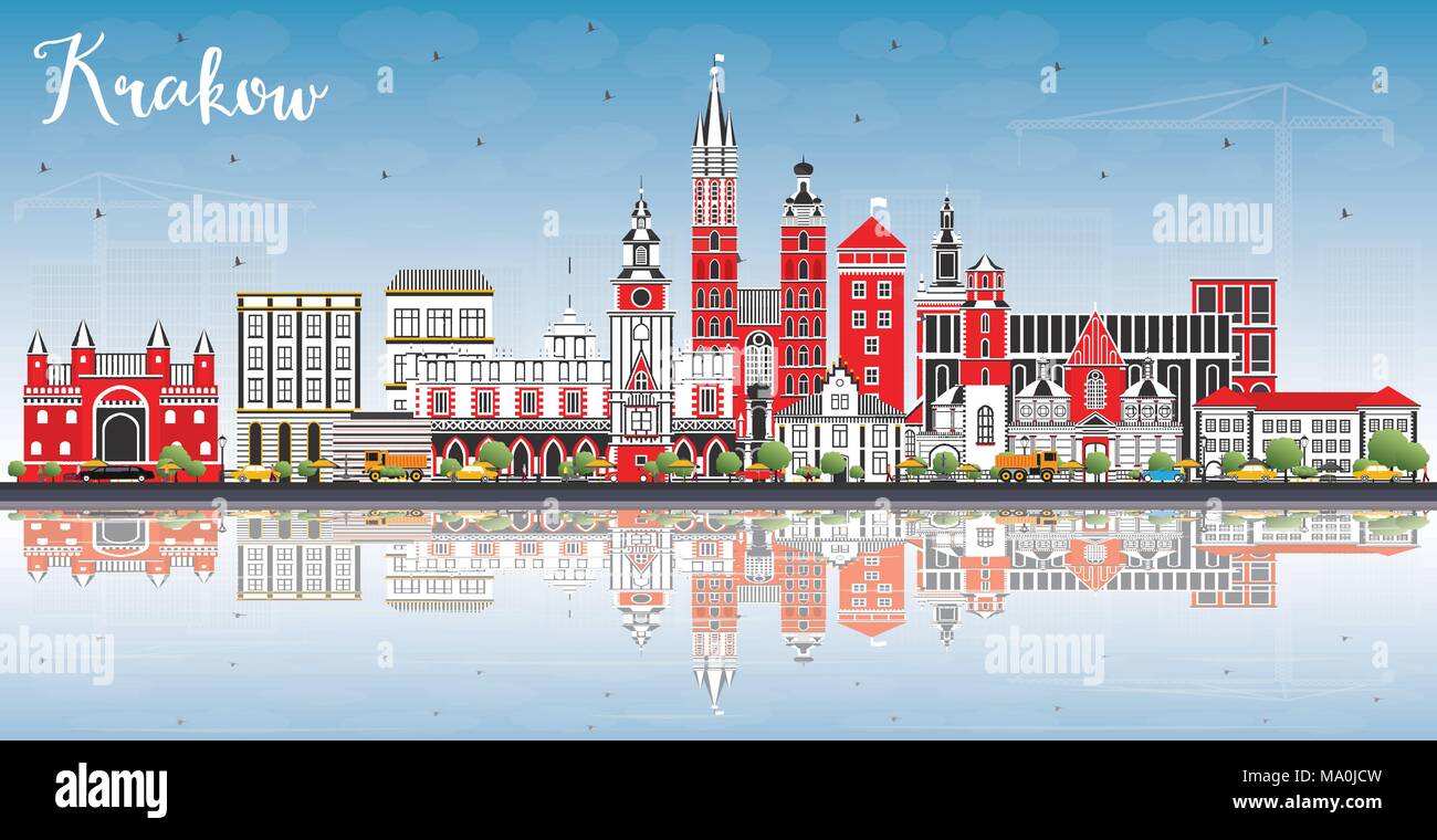 Krakow Poland City Skyline with Color Buildings, Blue Sky and ...