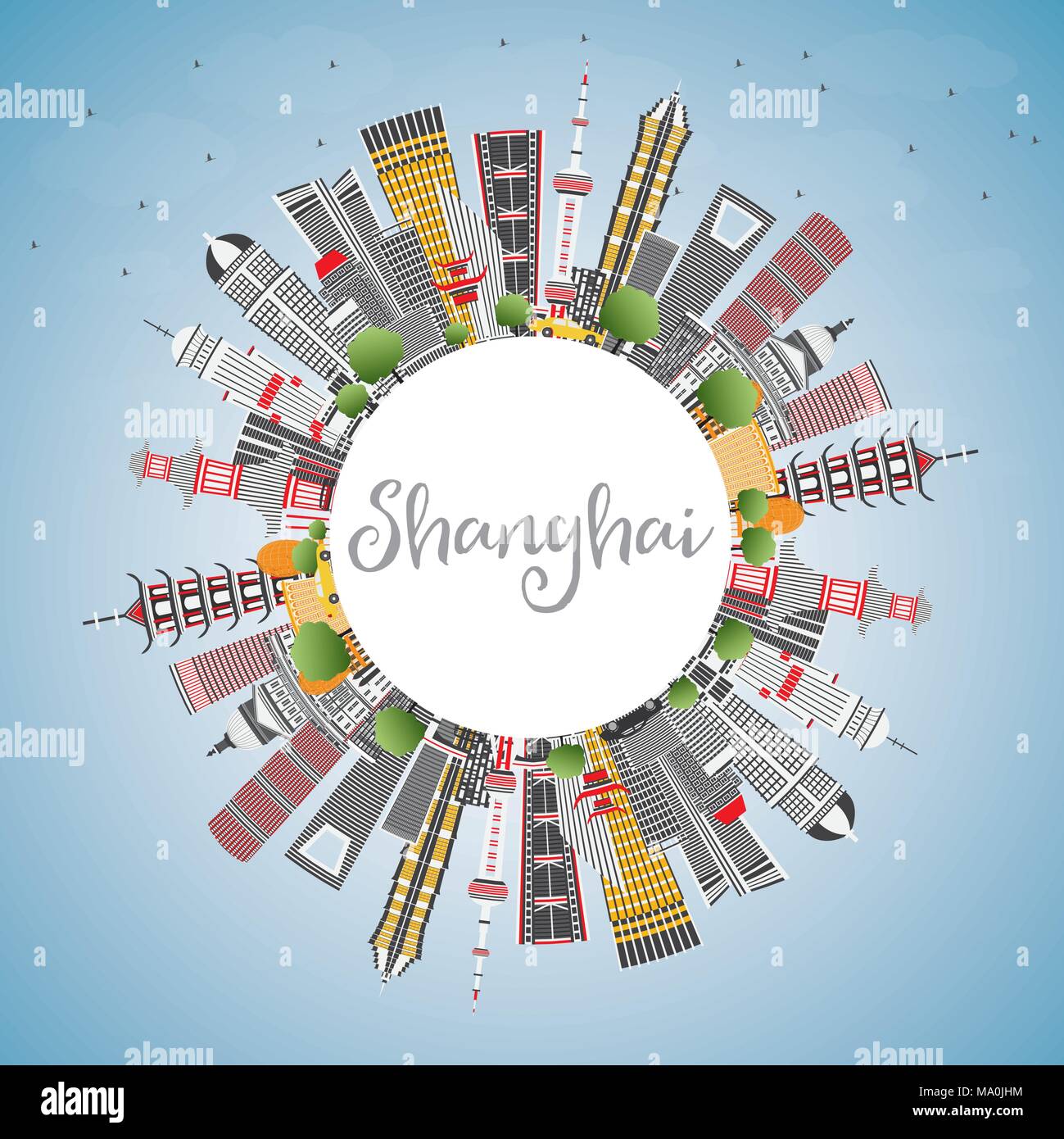 Shanghai China City Skyline with Color Buildings, Blue Sky and Copy ...