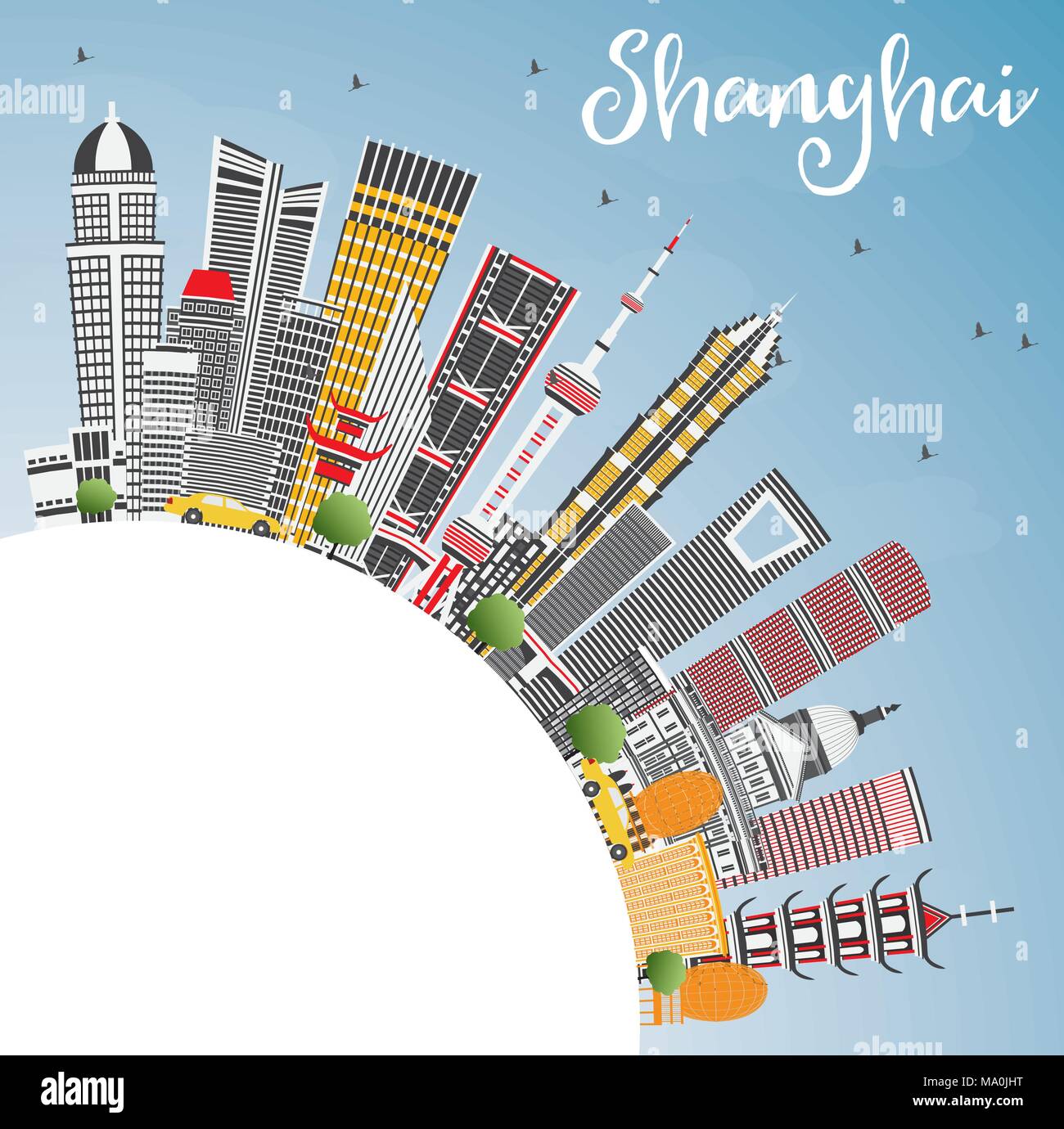 Shanghai China City Skyline with Color Buildings, Blue Sky and Copy ...