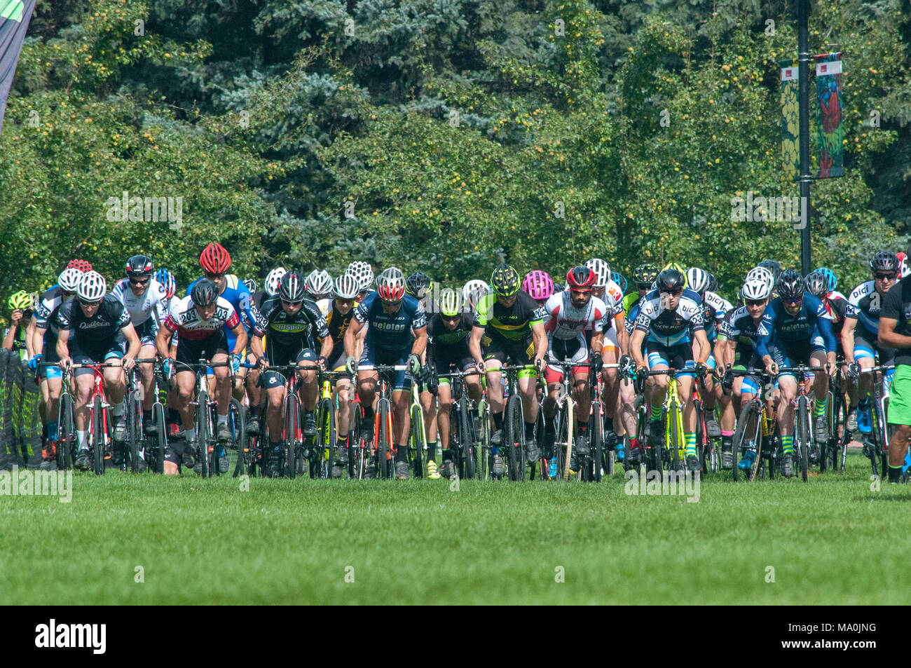 Cyclists line up at the start of a Cycle Cross Race in Stanley Park ...