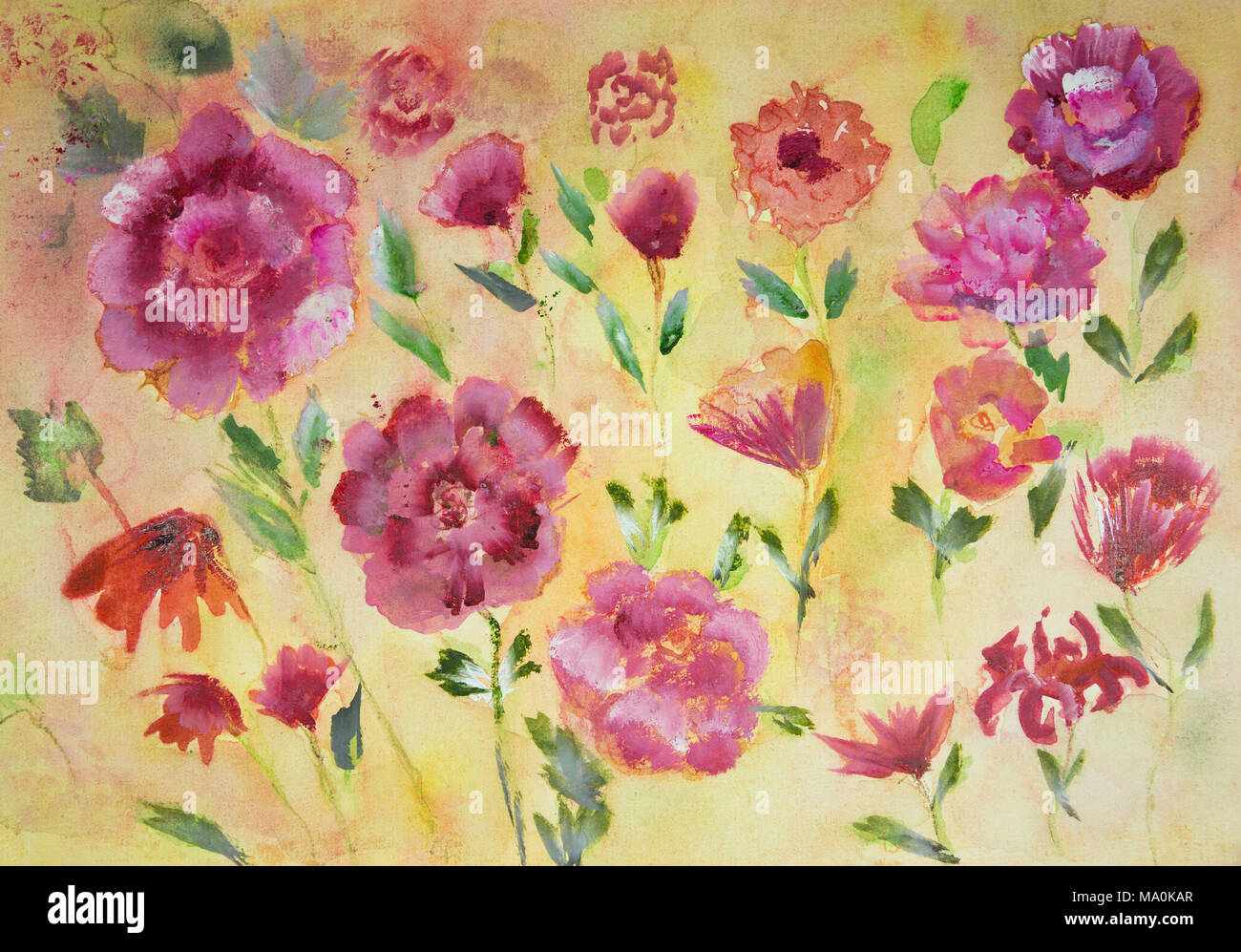 Different kind of roses on an yellow background. The dabbing technique ...
