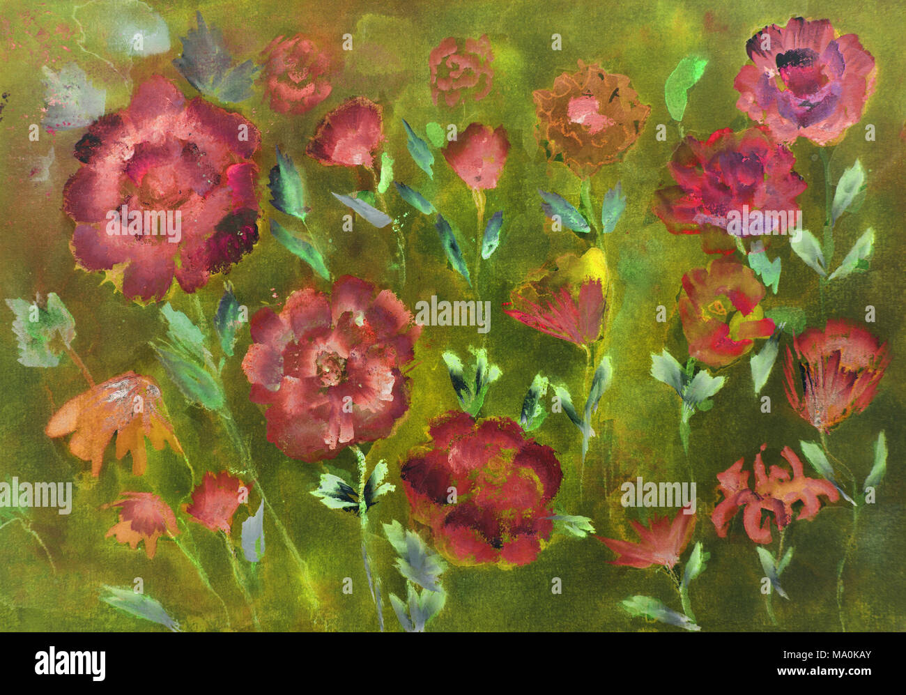 Different kind of roses on a green background. The dabbing technique ...