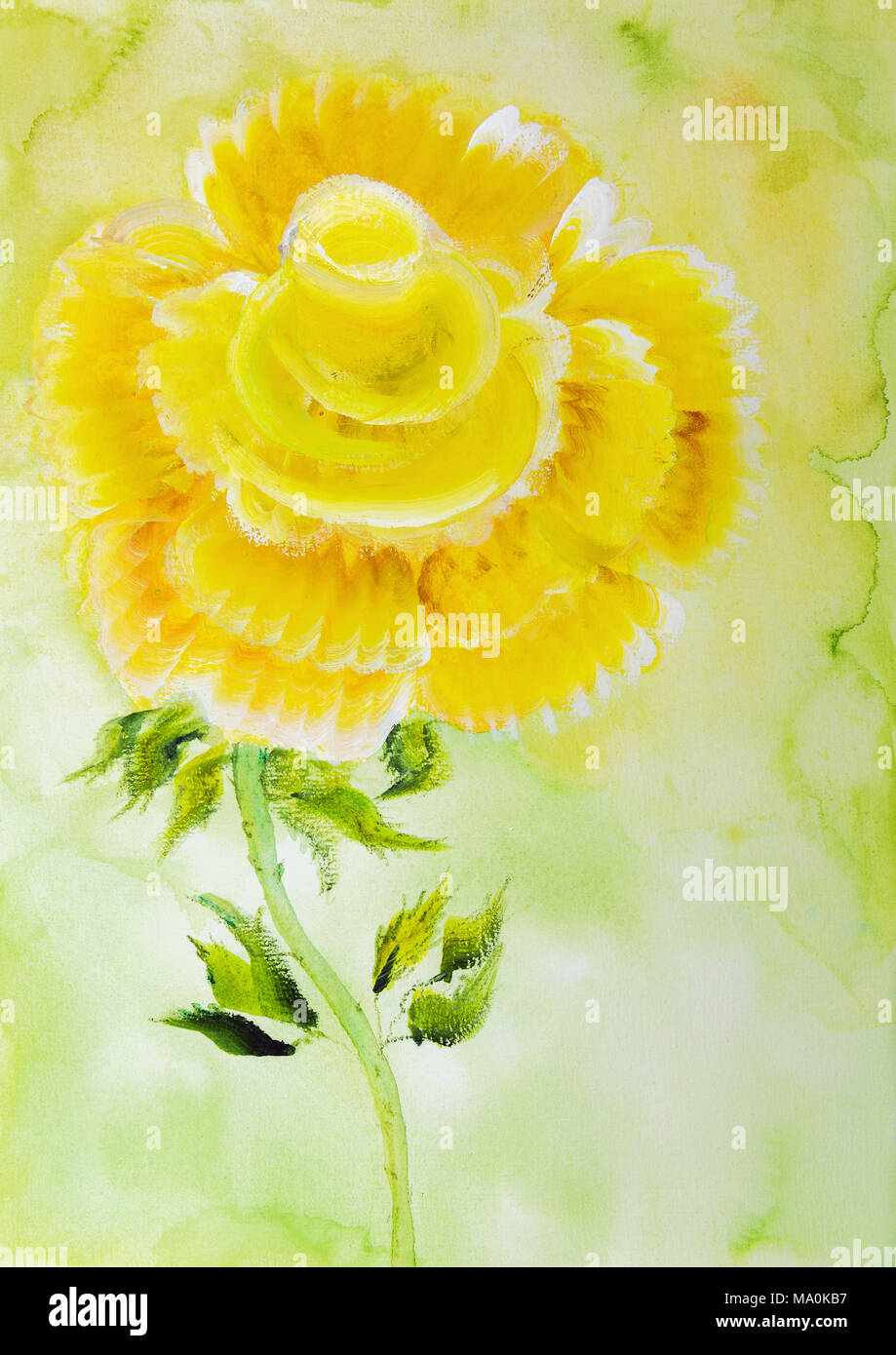 Bright yellow rose on a green background. The dabbing technique near ...