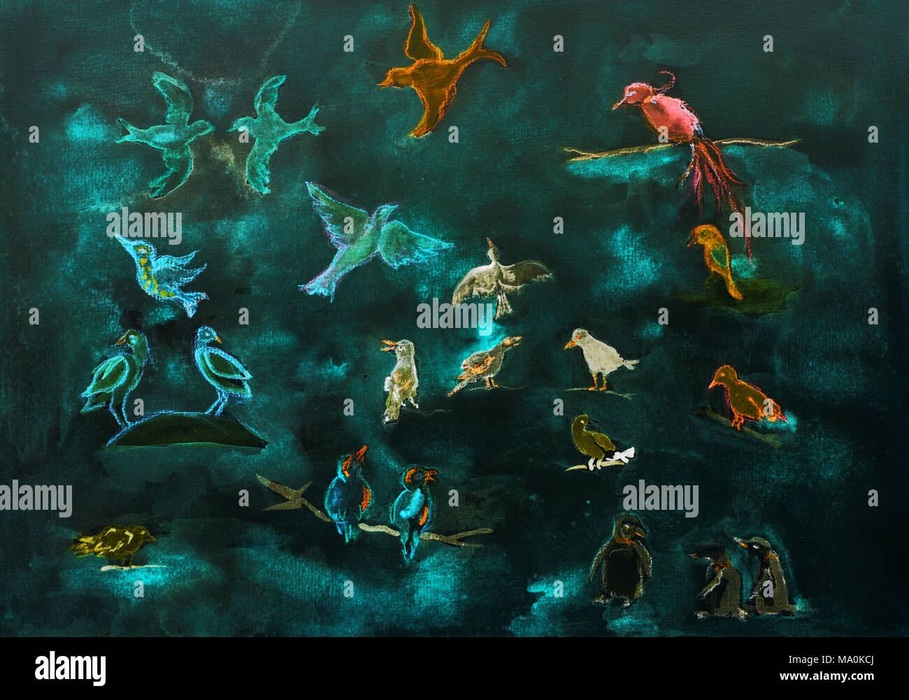 Study of different kind of birds at nightfall. The dabbing technique ...