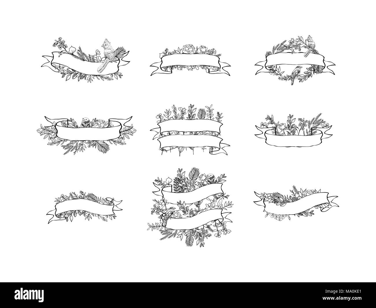 floral ribbon banner. Hand drawn vector Vintage floral banners. Sketch ... floral ribbon banner. Hand drawn vector Vintage floral banners. Sketch ...