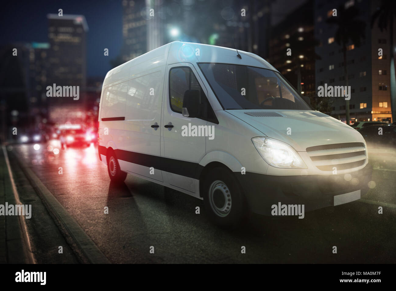 Fast van on a city road delivering at night. 3D Rendering Stock Photo ...