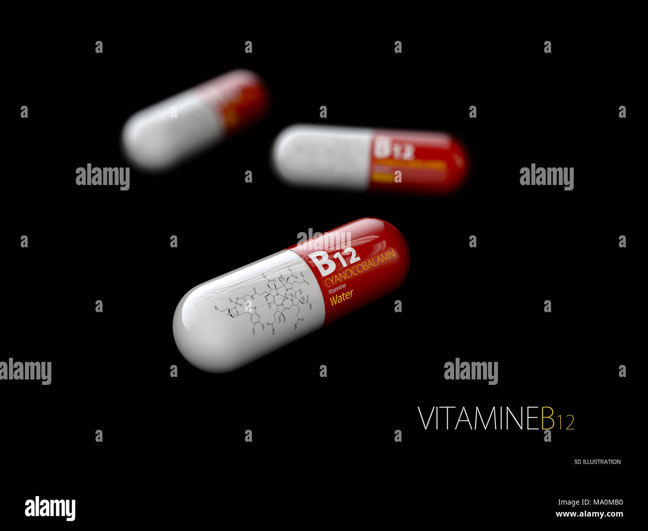 3d Illustration of Vitamin B12 Capsule with formule, isolated black ...