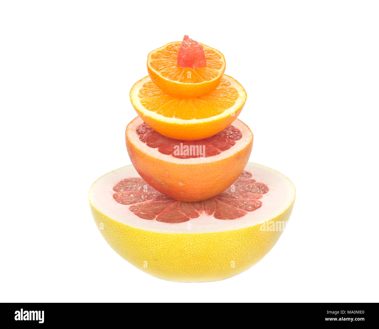 Pomelo, orange, tangerine, grapefruit cut in half isolated on white ...