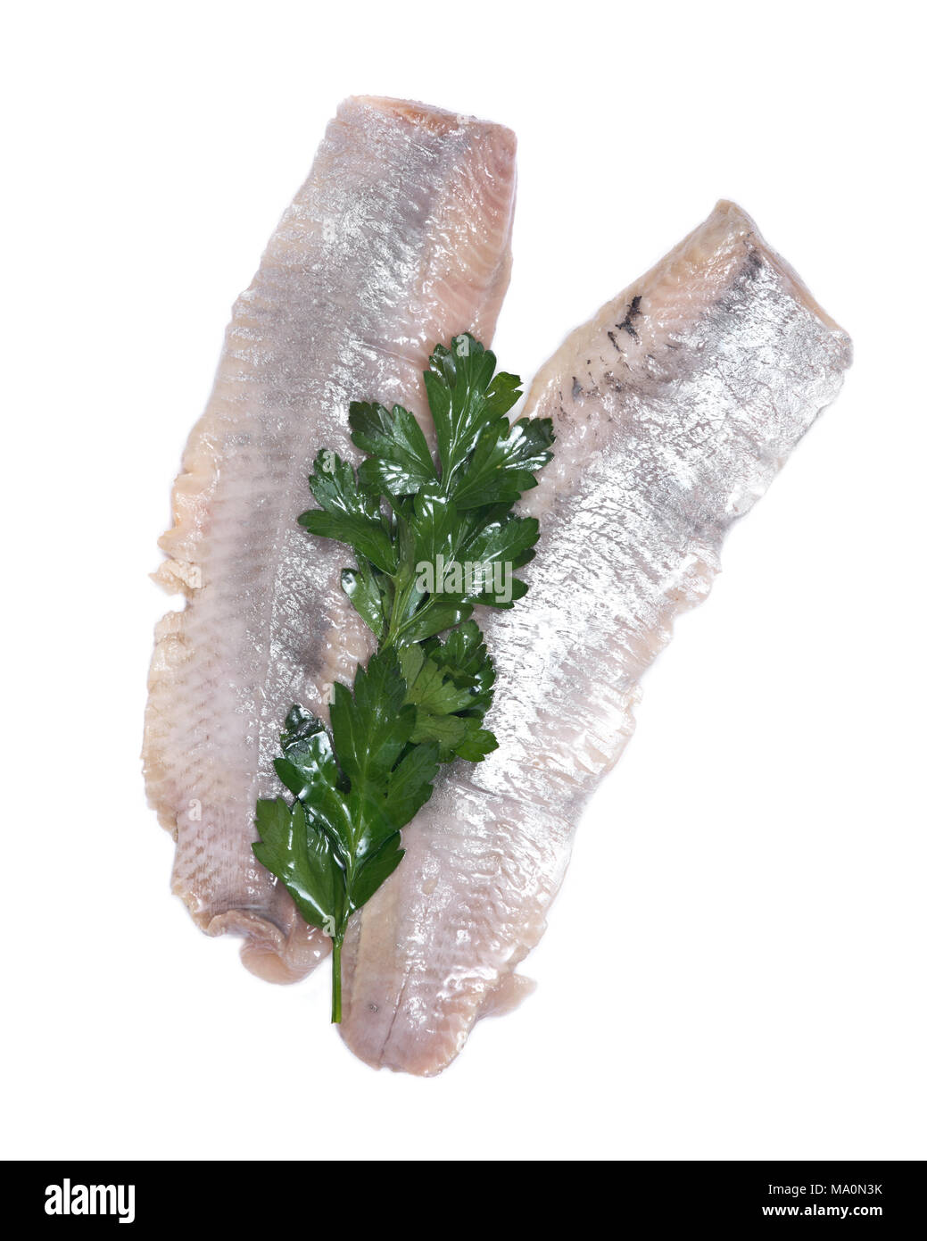 Matjes herring fillets with parsley isolated on white background Stock ...