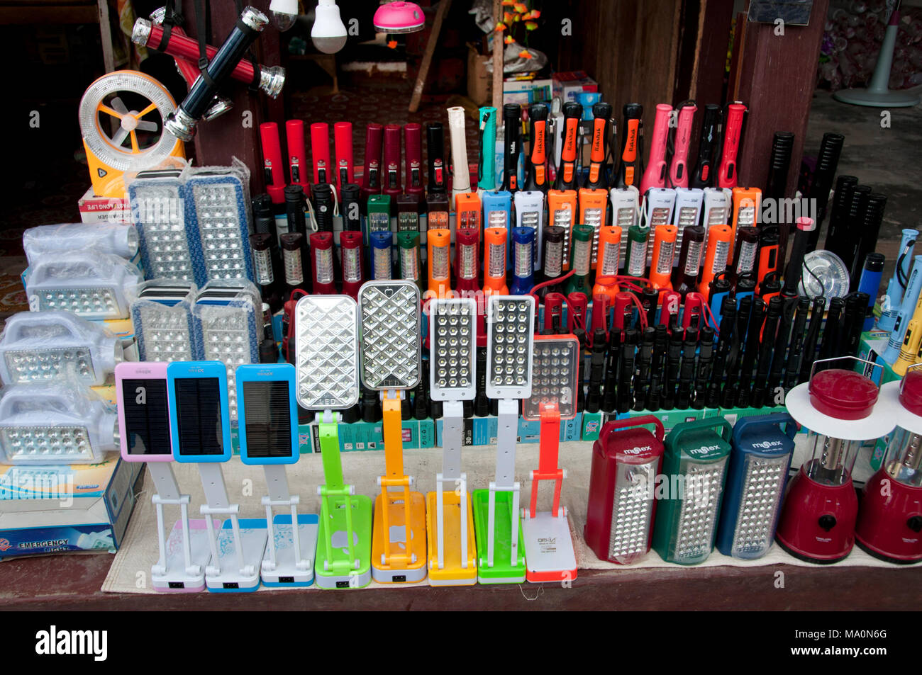 Nepal 2014. Khandbari. Hardware store display of Chinese battery lights ...