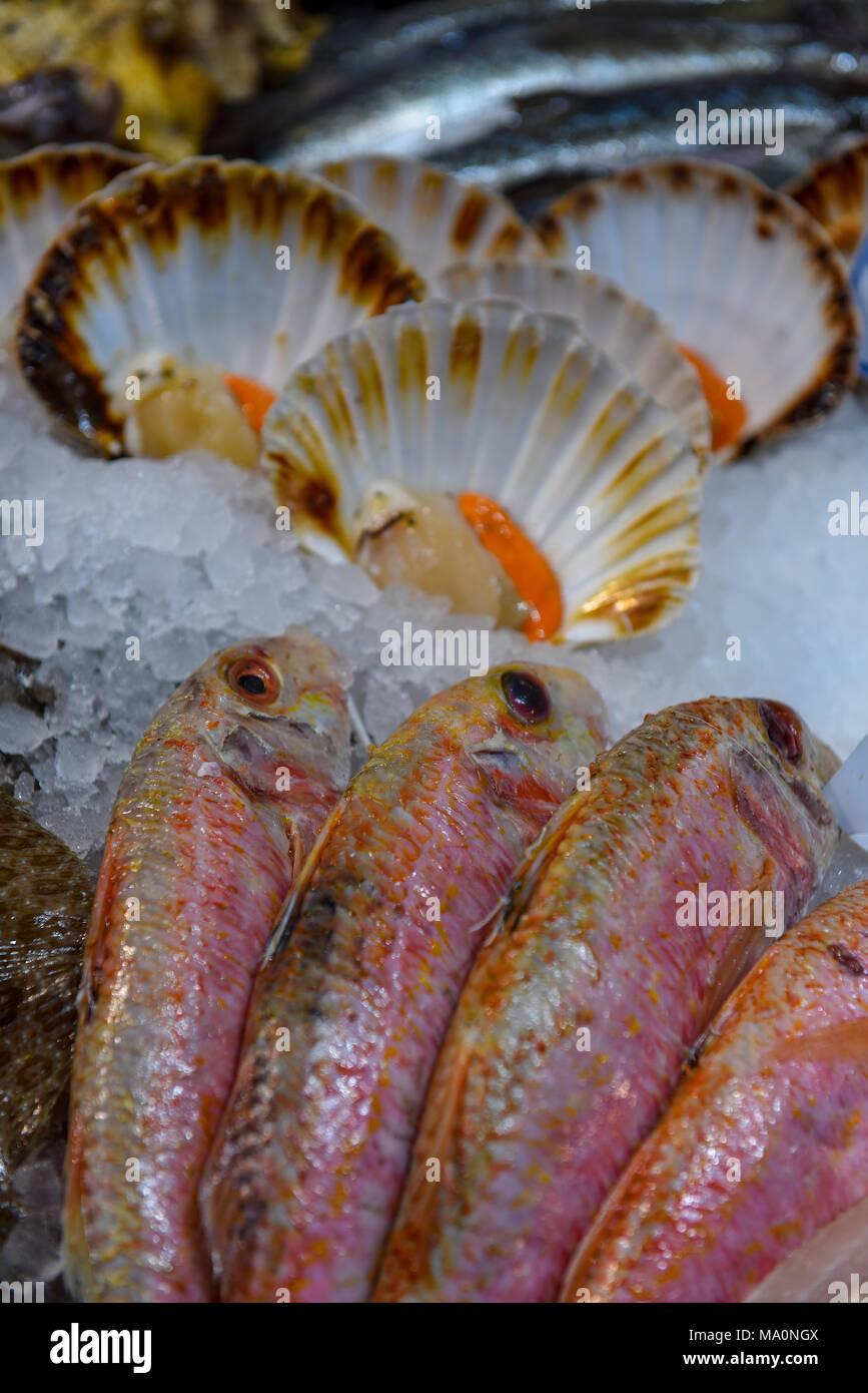 fresh fish for sale on a stall at a fishmongers at borough market in ...