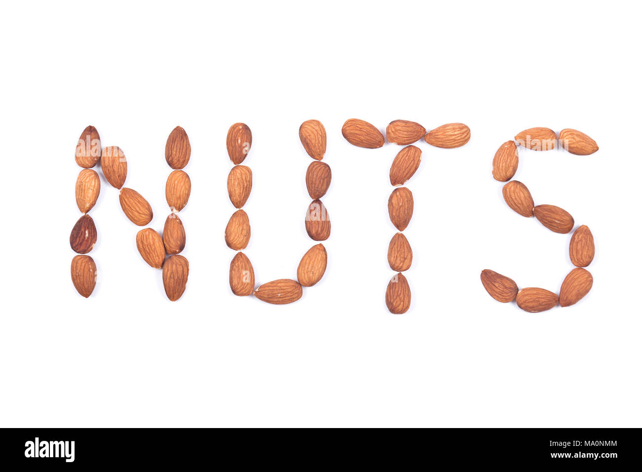 Word "Nuts" written with organic almond nuts isolated on white ...