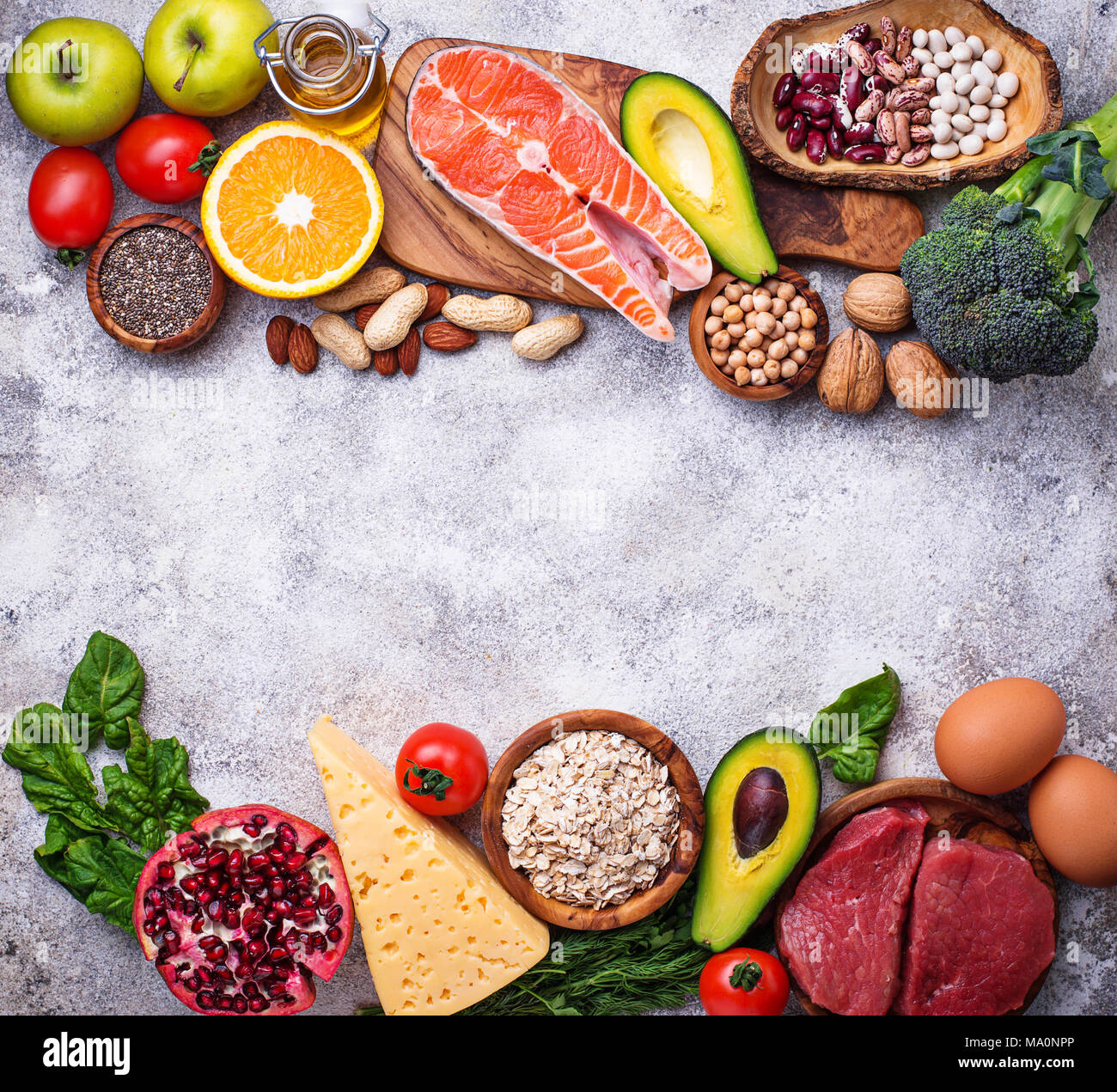 Healthy food and superfood background. Meat, fish, legumes, nuts, seeds ...
