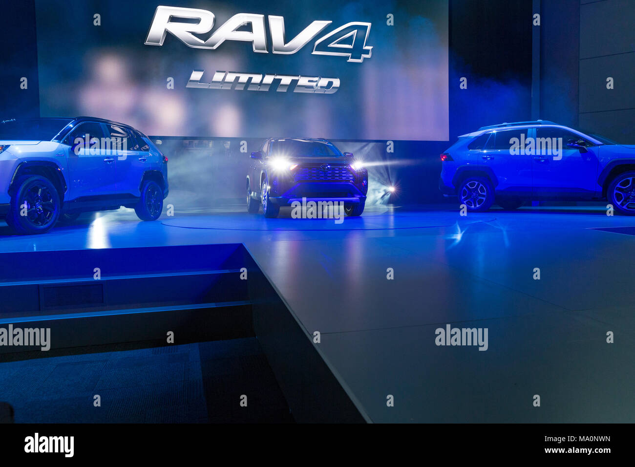 New York, NY - March 28, 2018: Toyota RAV4 SUV 2019 on display at 2018 ...