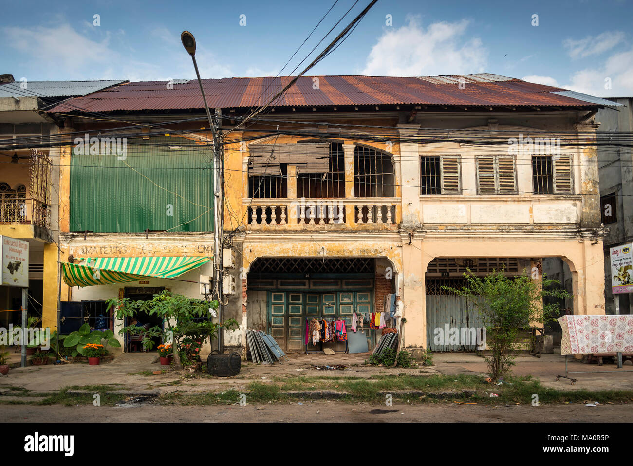 old french colonial architecture buildings in kampot downtown street ...
