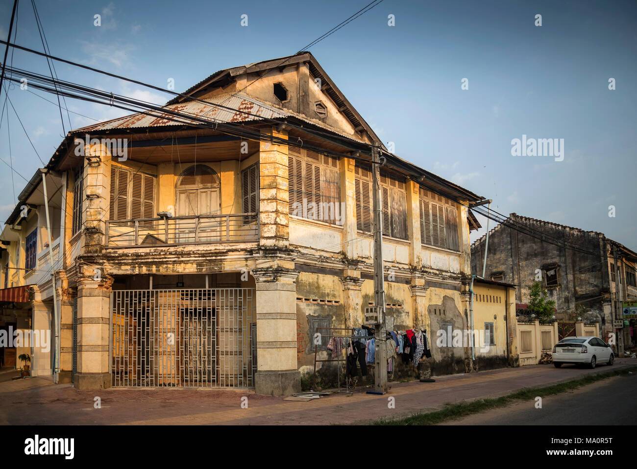 old french colonial architecture buildings in kampot downtown street ...