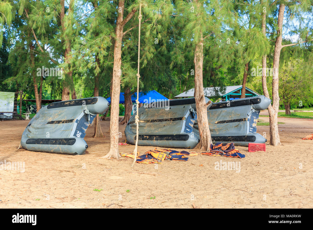 Three Inflatable Boats for military training on the beach Stock Photo ...