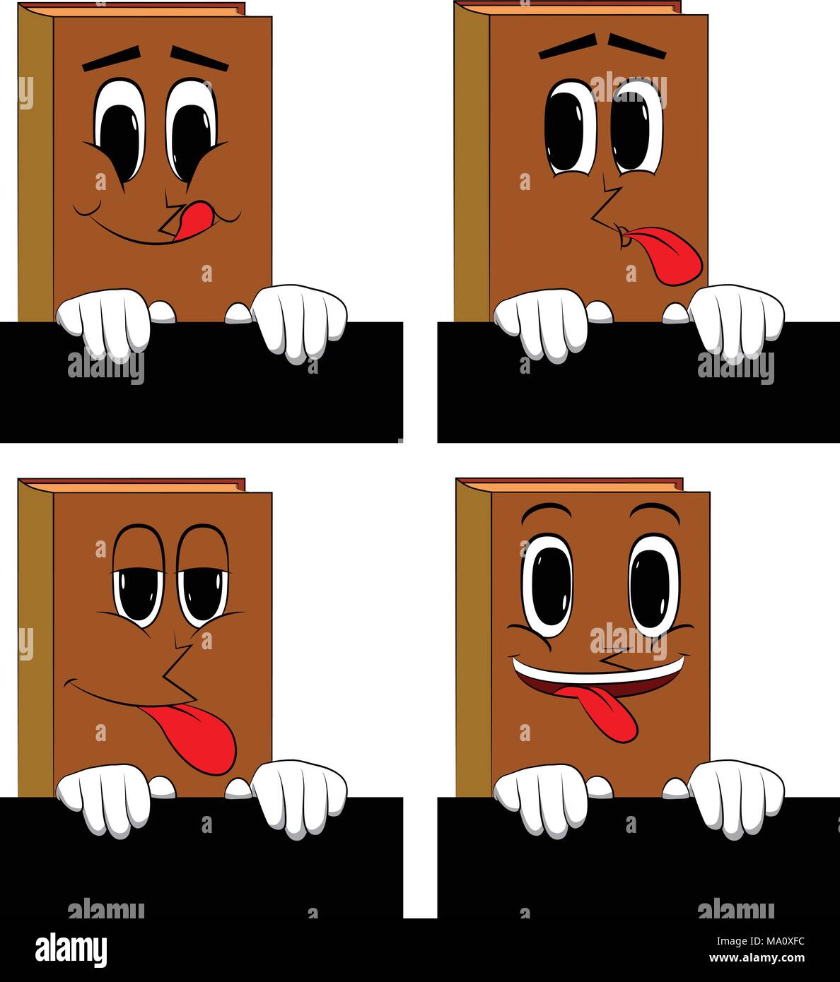 Books holding blank black sign. Cartoon book collection with happy ...