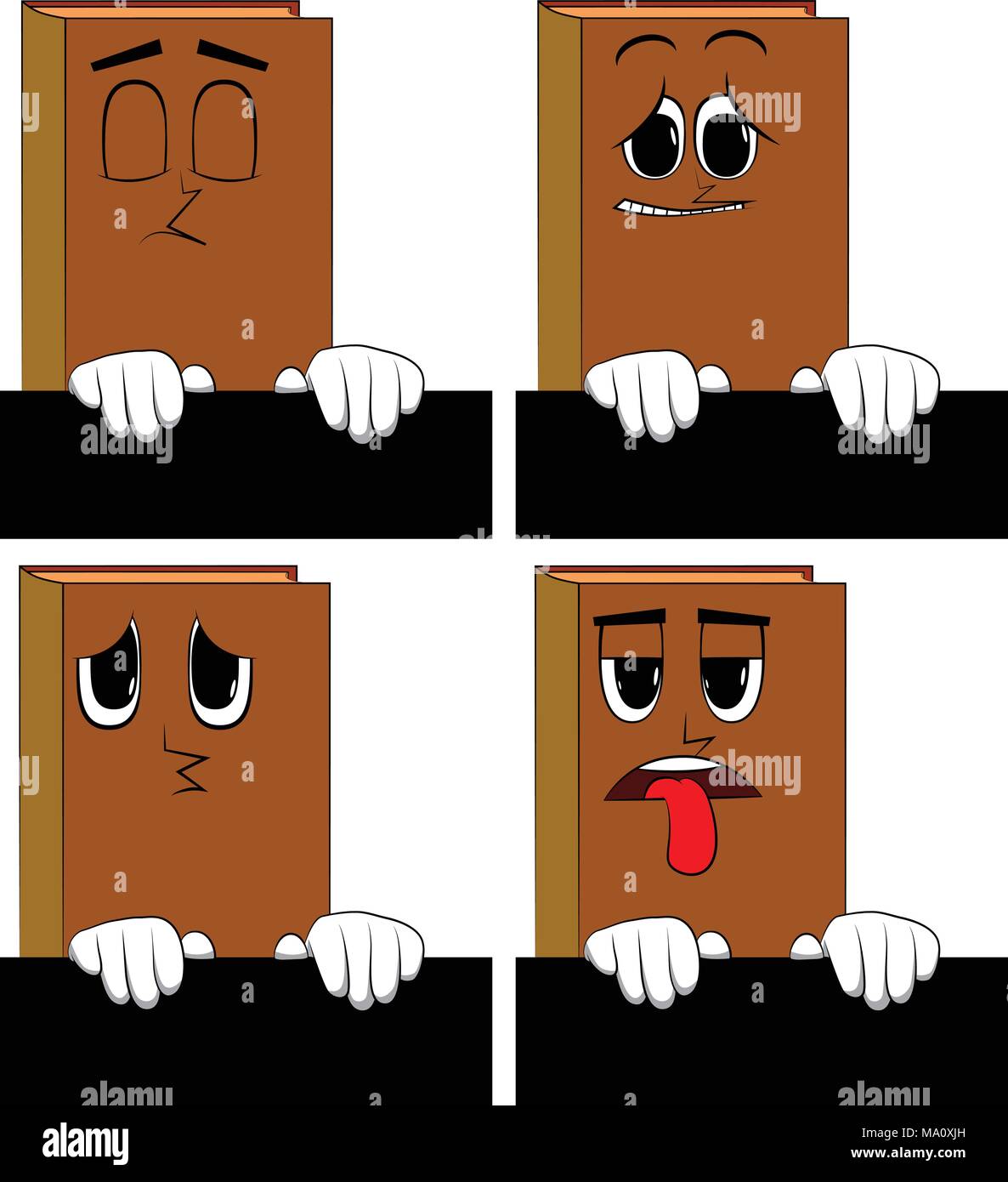 Books holding blank black sign. Cartoon book collection with sad faces ...